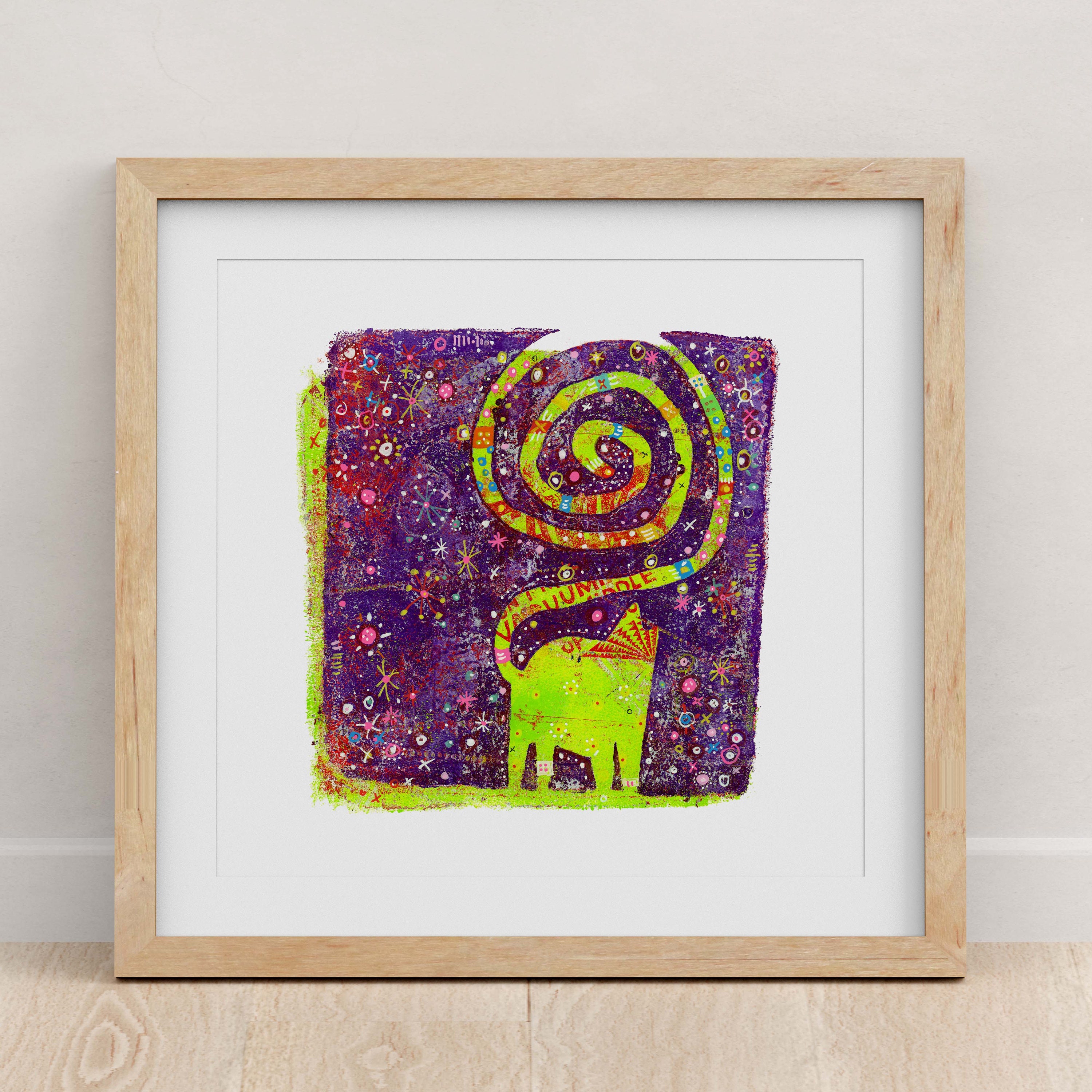 Tall Talesin Purple & Green 9x9 Cat With Long Curled Tail Yellow and ...