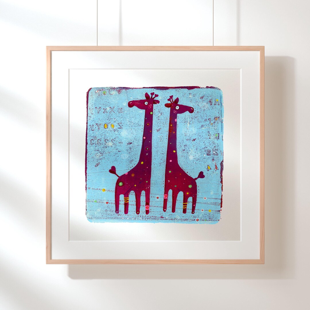 Giraffe Friends Wall Art – Boho Nursery Print, Two Red Giraffes on Blue ...