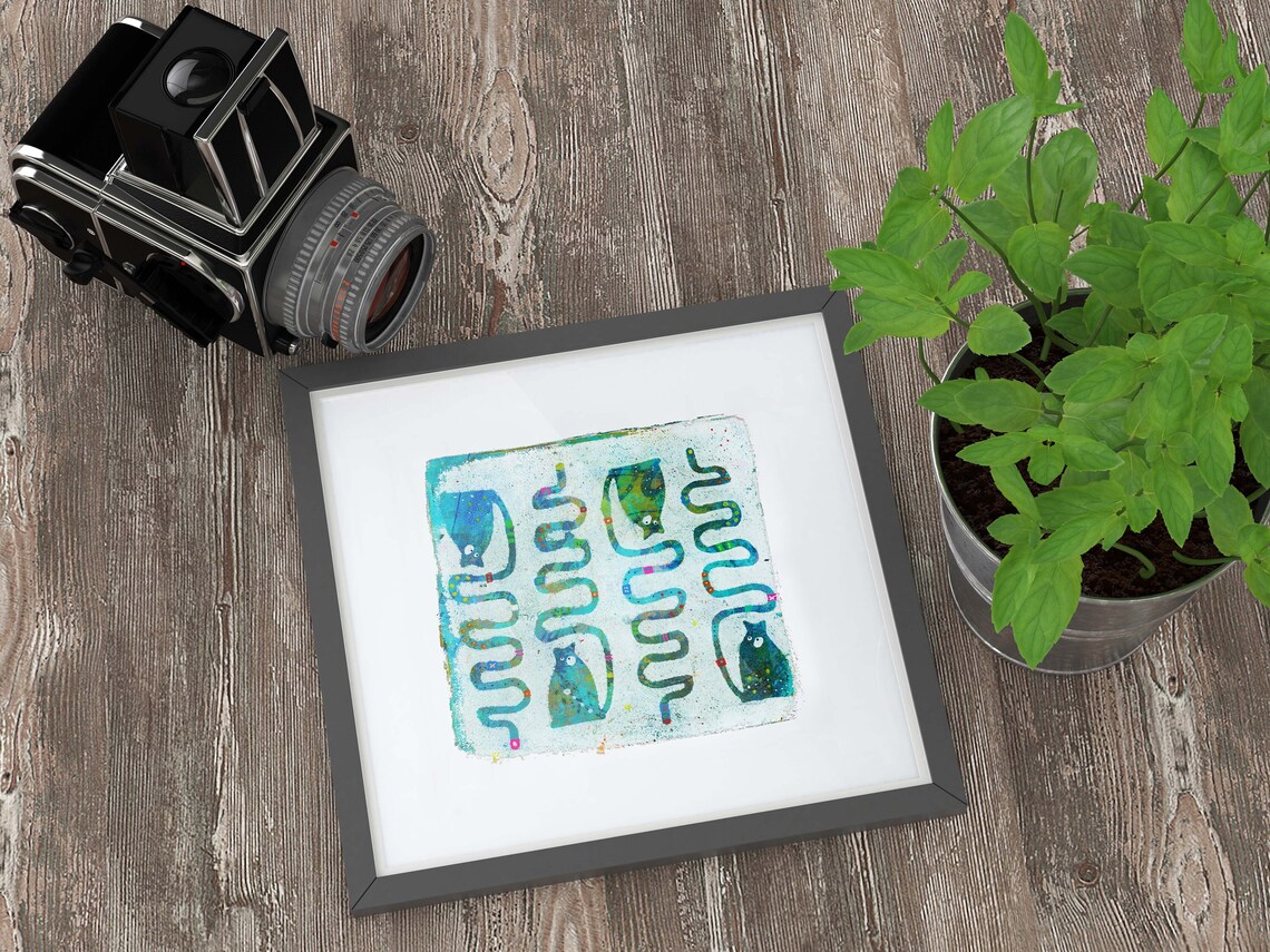 Tall Tales—blue | 9"x9" Cats With Long Tails | Cat Pattern | Cat Wall ...