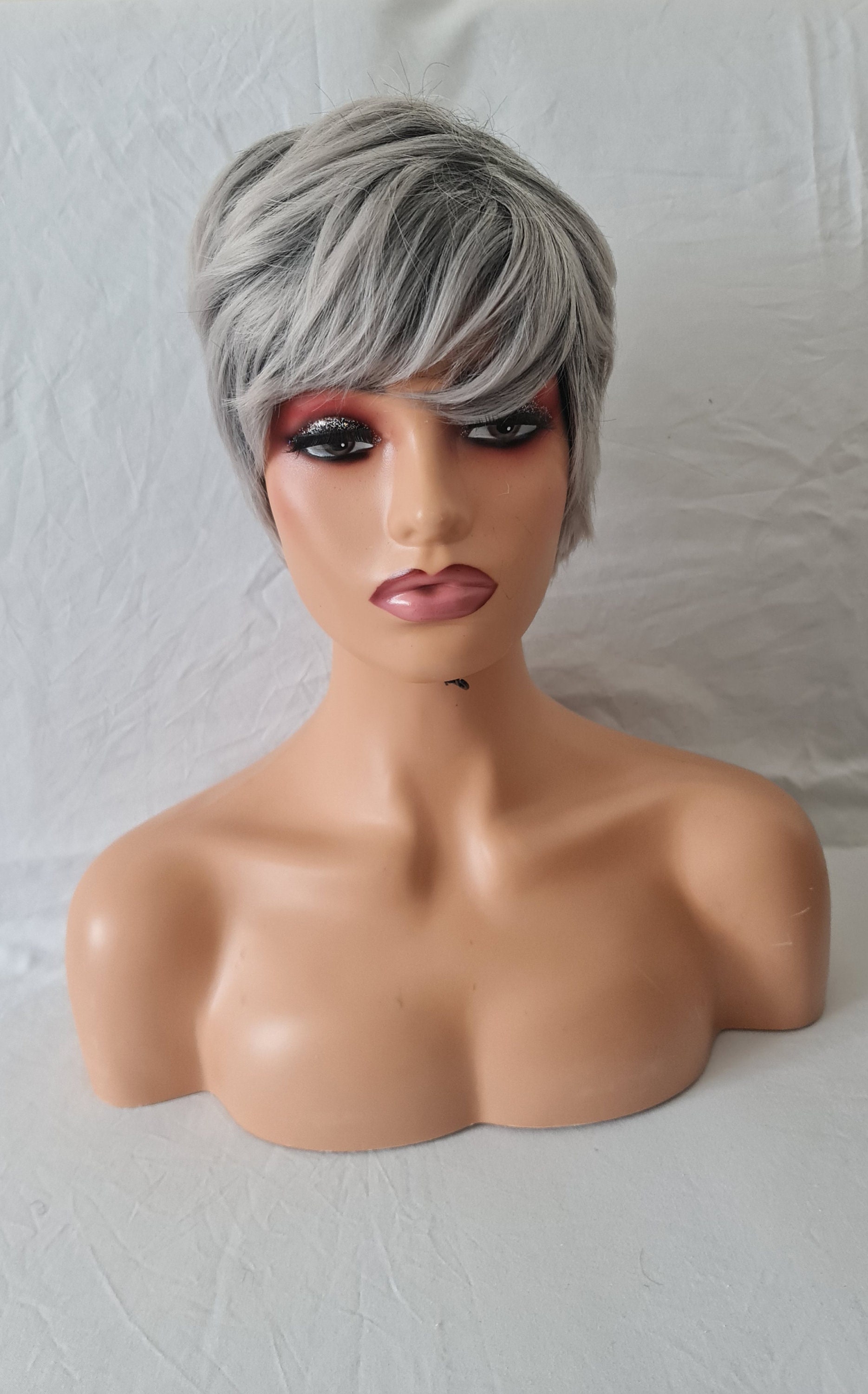 Swoop Bang Pixie Cut Wig Gray Mix Black Short Style Wig Salt Pepper Gray Hair Wig /gray Pixie ...