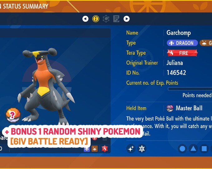 Garchomp SHINY 6IV Pokemon / Ready for Competitive Battle / Masterball ...