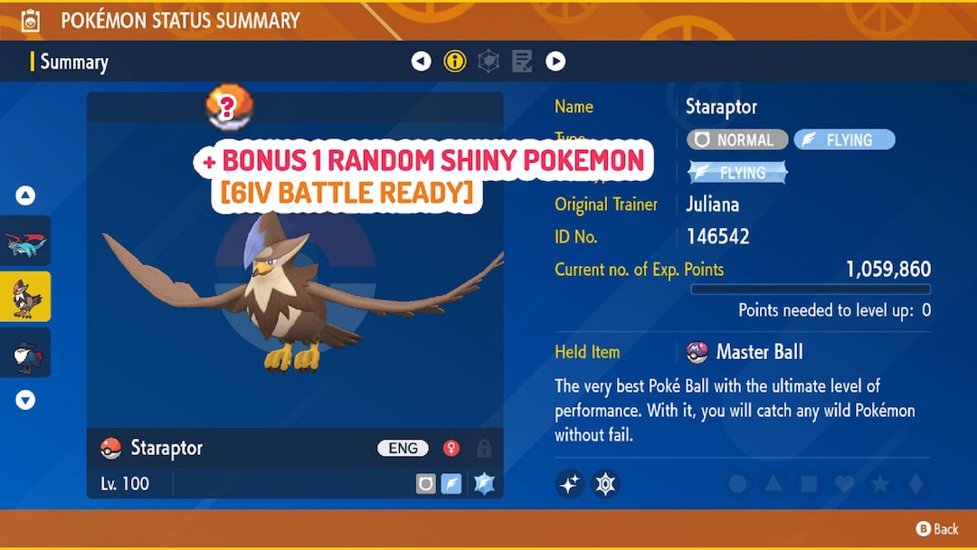 Staraptor SHINY 6IV Pokemon / Ready for Competitive Battle / - Etsy