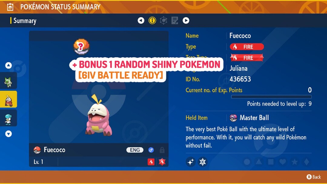 Fuecoco SHINY 6IV Pokemon / Ready to Raise for Competitive Battle ...