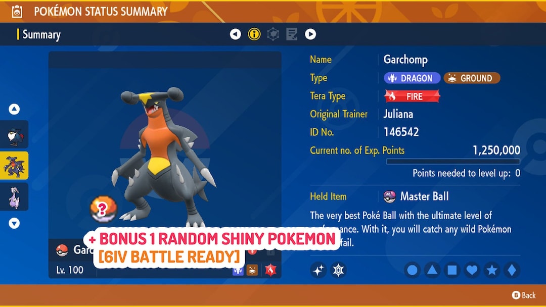 Garchomp SHINY 6IV Pokemon / Ready for Competitive Battle / Masterball ...