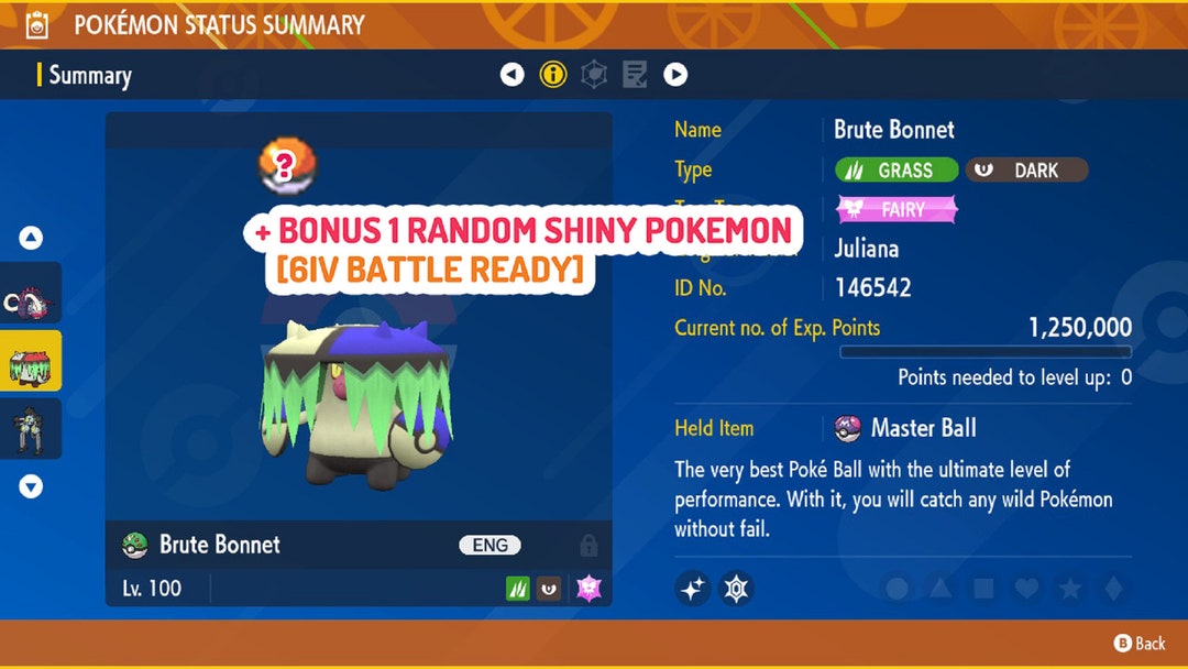 Brute Bonnet SHINY 6IV Pokemon / Ready for Competitive Battle - Etsy