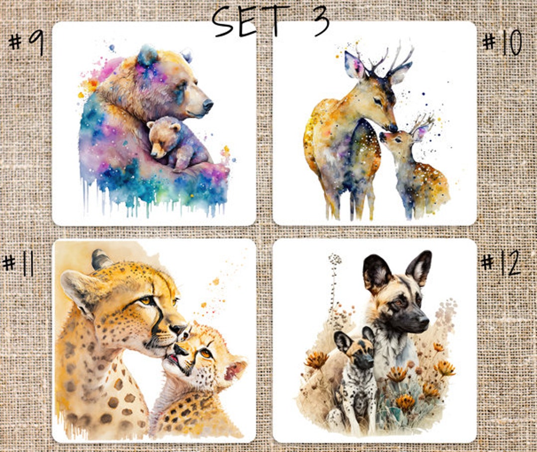 Mom & Baby Animal Square Coaster Set 3 - Etsy