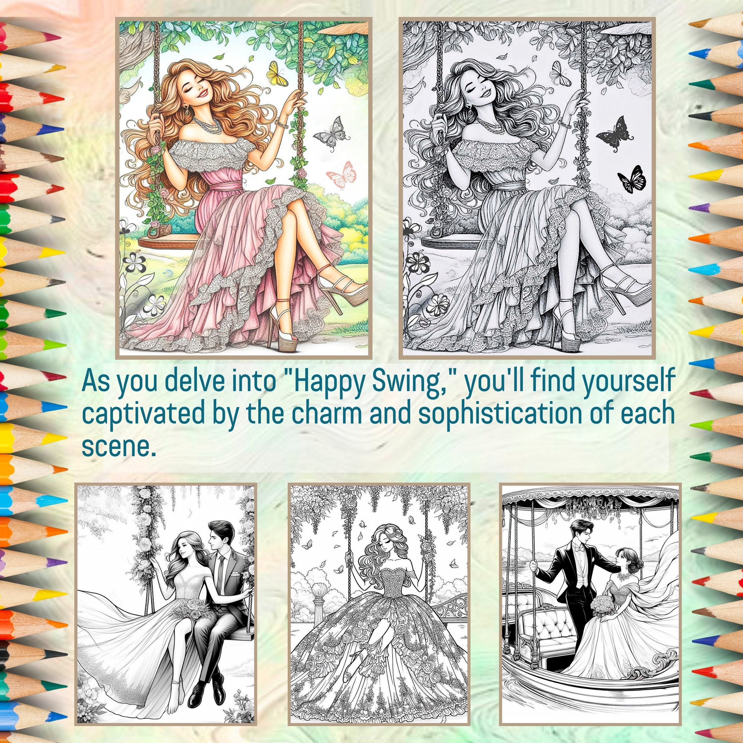 Printable Coloring Pages Happy Swing With Beautiful People | Grayscale ...