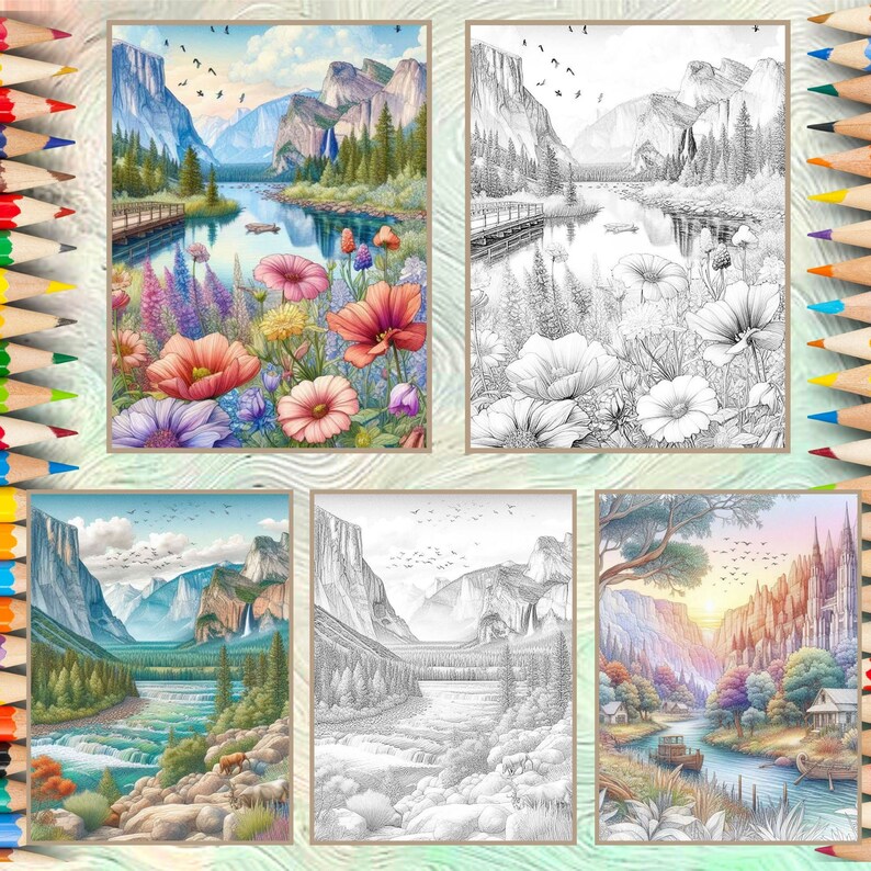 Coloring Book Pages With Beautiful Landscapes, Serene Majestic ...
