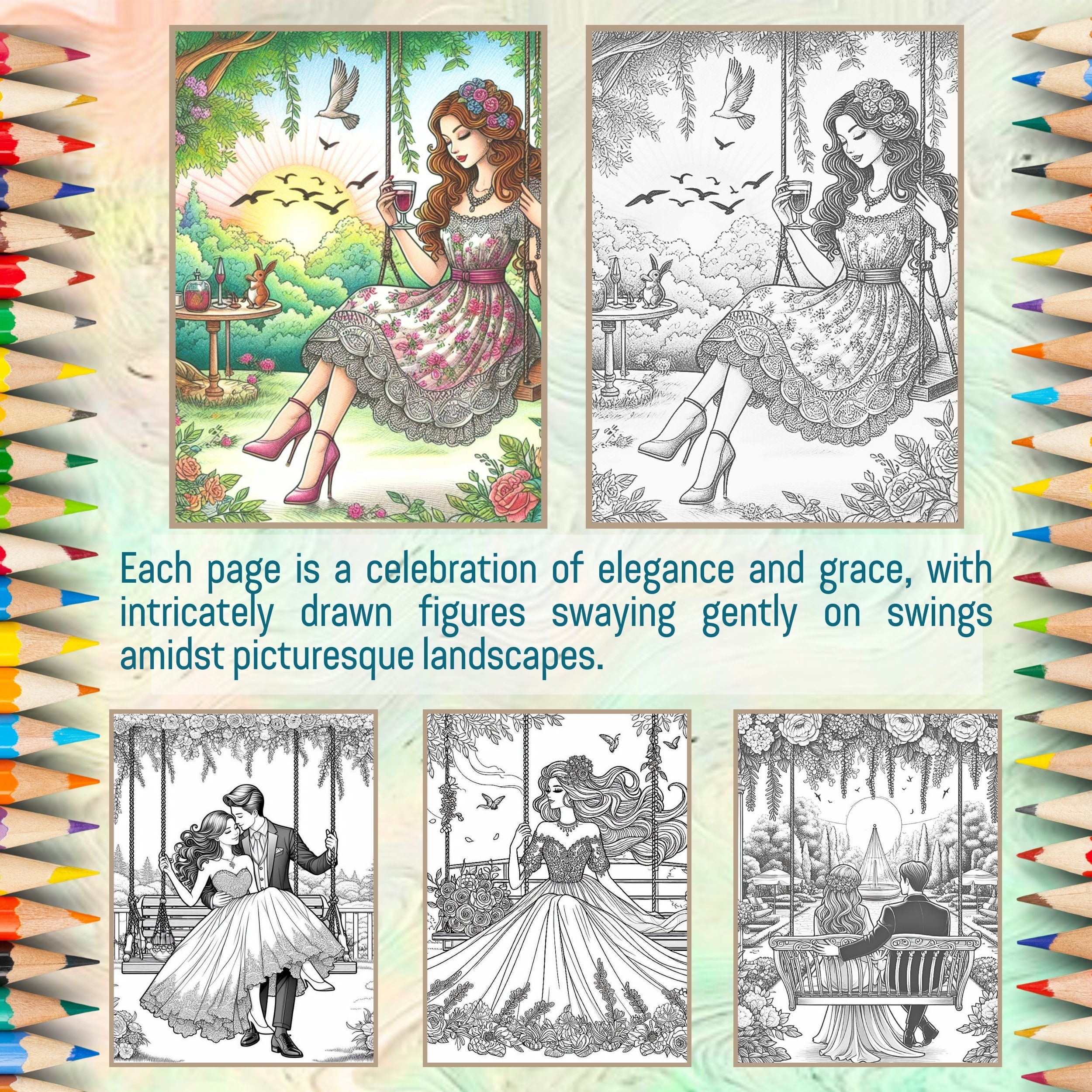 Printable Coloring Pages Happy Swing With Beautiful People Grayscale ...