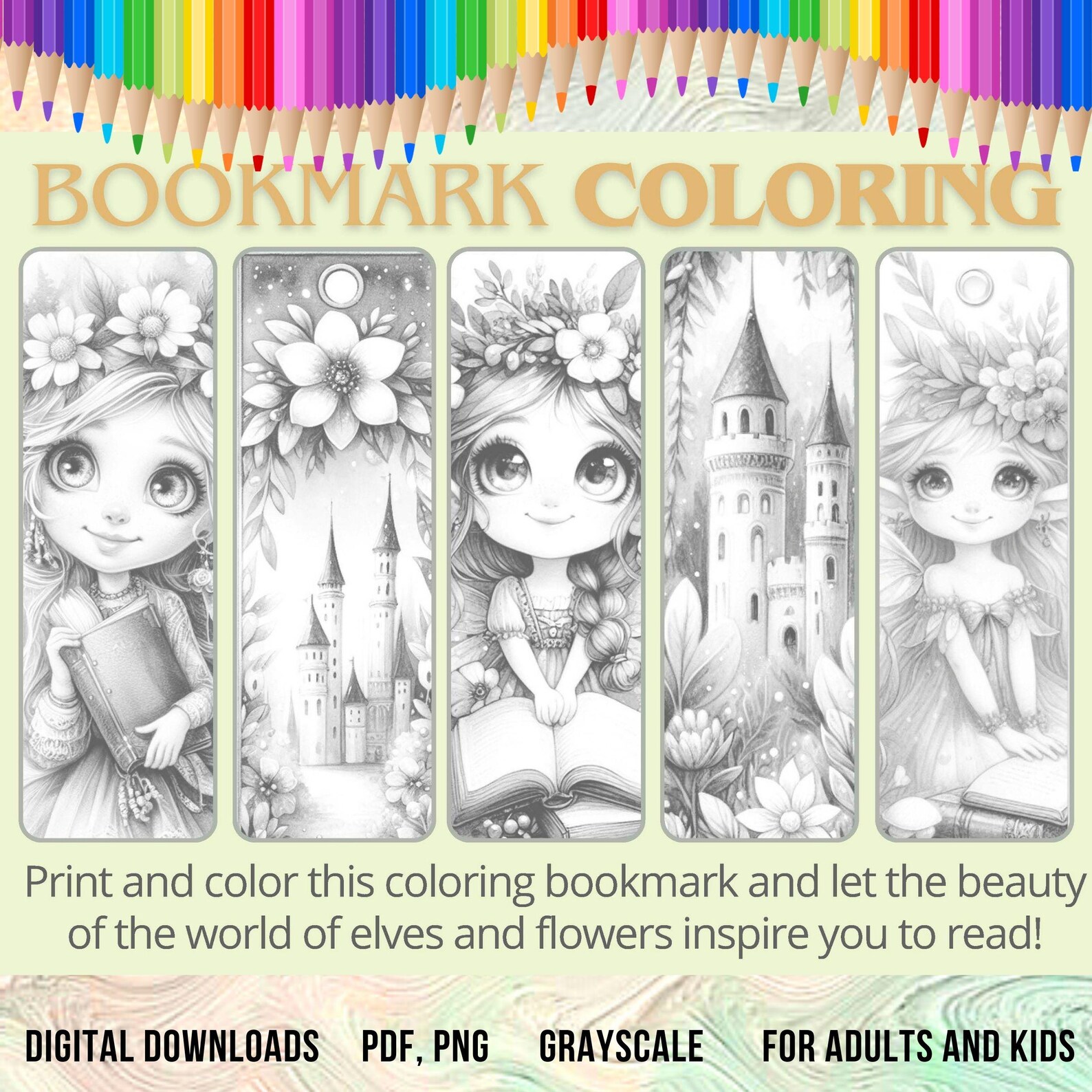 Bookmarks & Coloring Bookmark | Fairy Elves Bookmark | Fantasy Elf ...