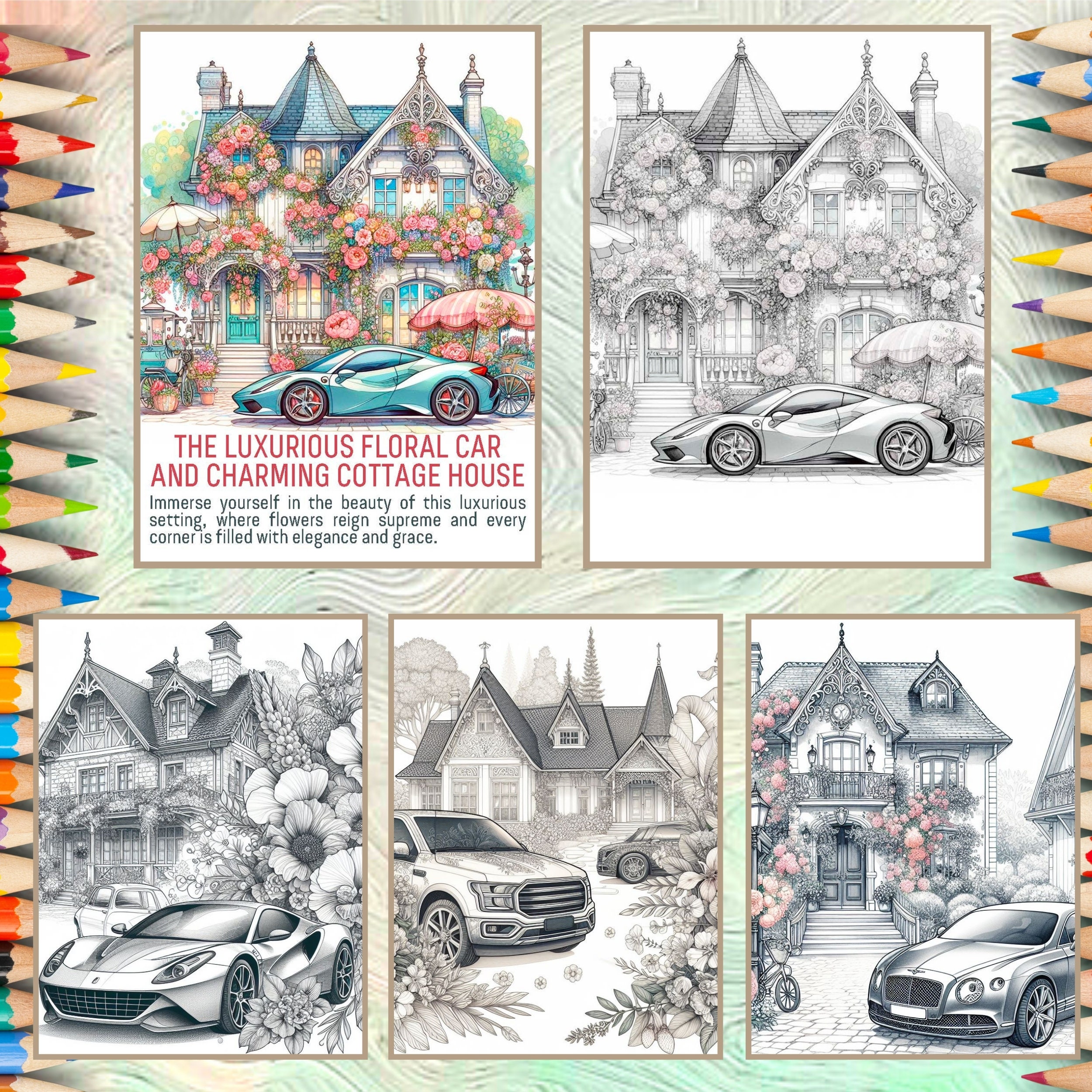 Coloring Book Pages of Beautiful Cars With Floral Cottage House in ...