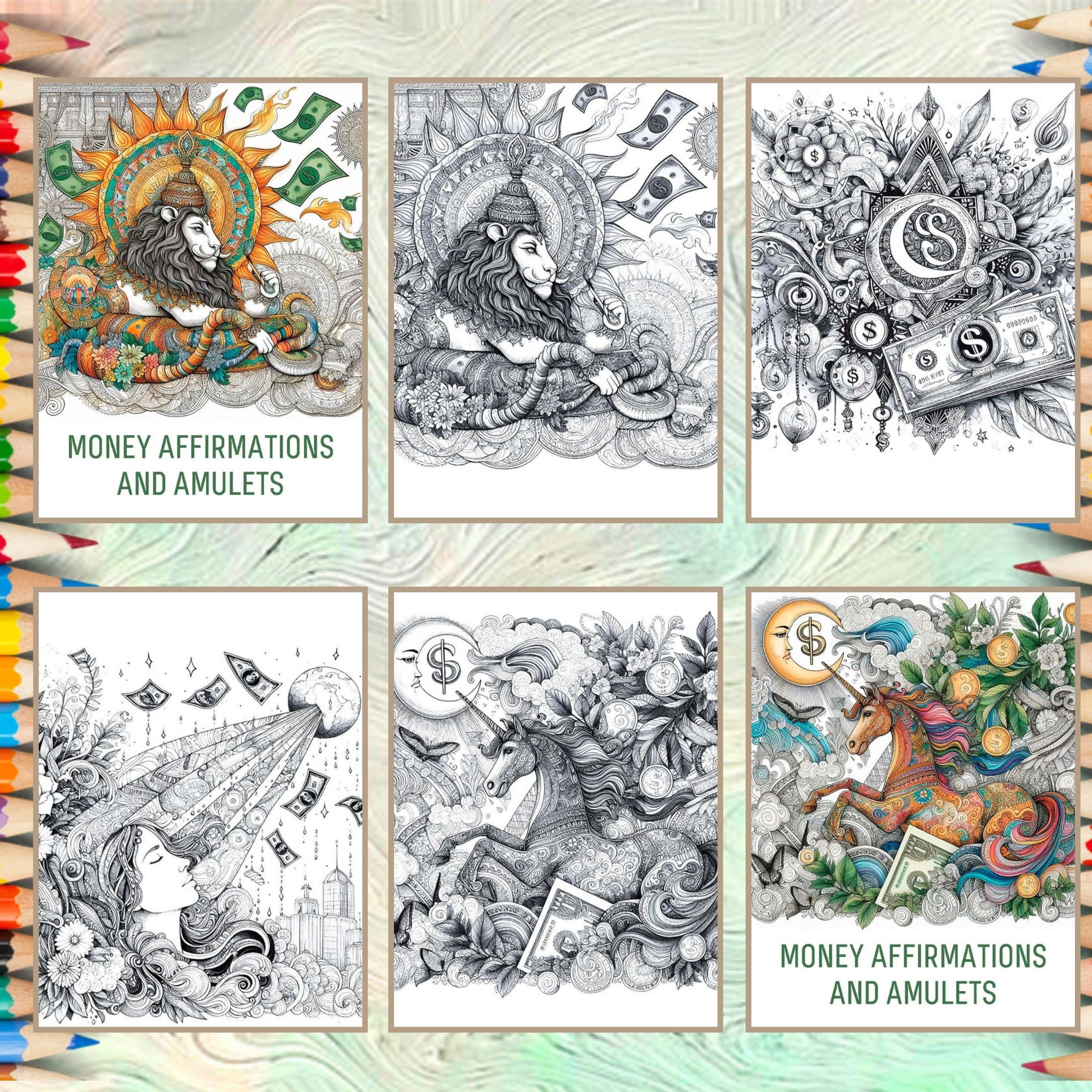 Money Affirmations and Amulets Coloring Book Pages to Bring Luck and ...