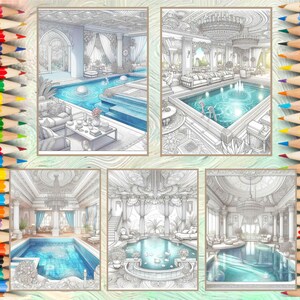 Set Dream Pool in a Luxury Interior Coloring Page Book | Grayscale ...