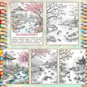 Zen Garden Grayscale Coloring Book Pages | Japanese Cherry Blossoms ...