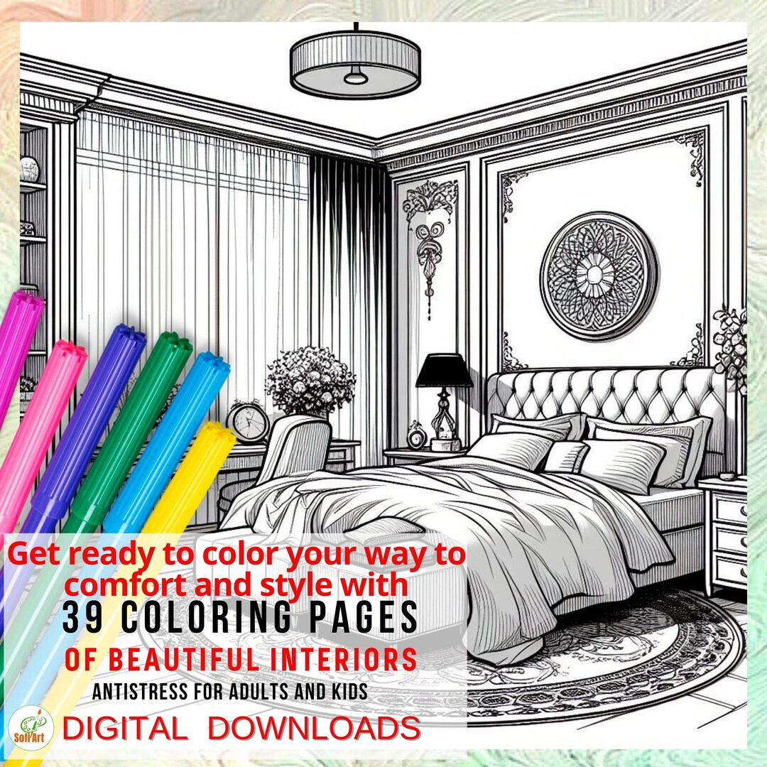 Coloring Book Pages of Home Interiors for Adults and Kids | 39 Designs ...