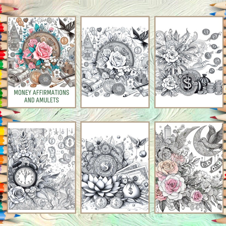 Money Affirmations and Amulets Coloring Book Pages to Bring Luck and ...