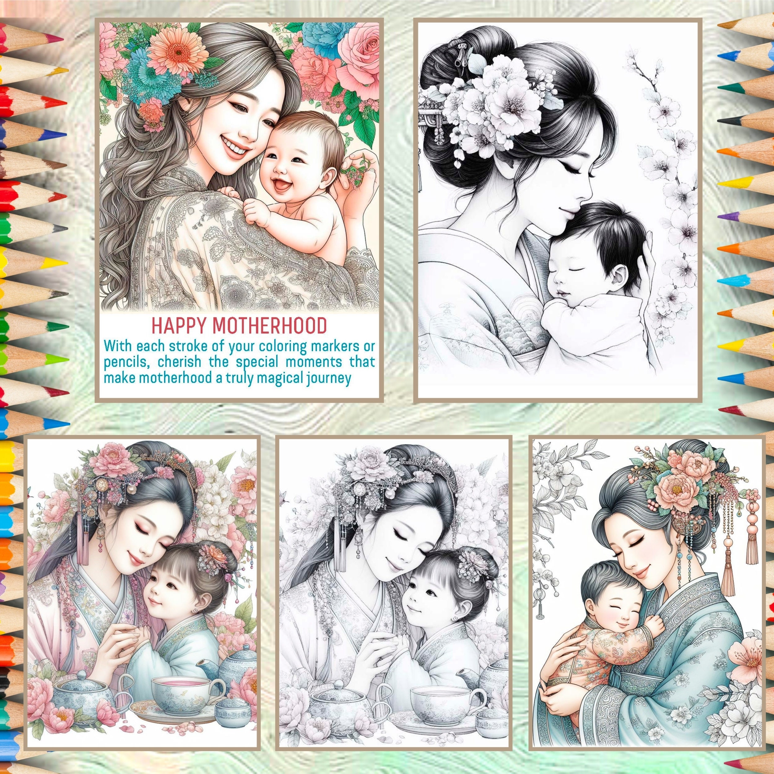 Coloring Book Motherhood | Grayscale Coloring Pages With Mothers and ...
