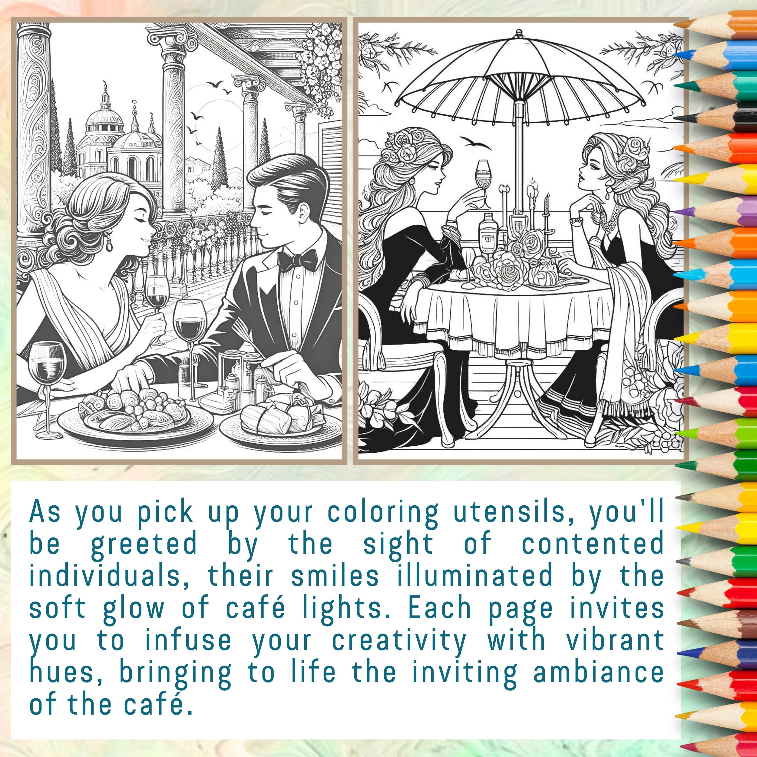 Coloring Book Pages of Happy People in the Cozy Café for Adults and ...