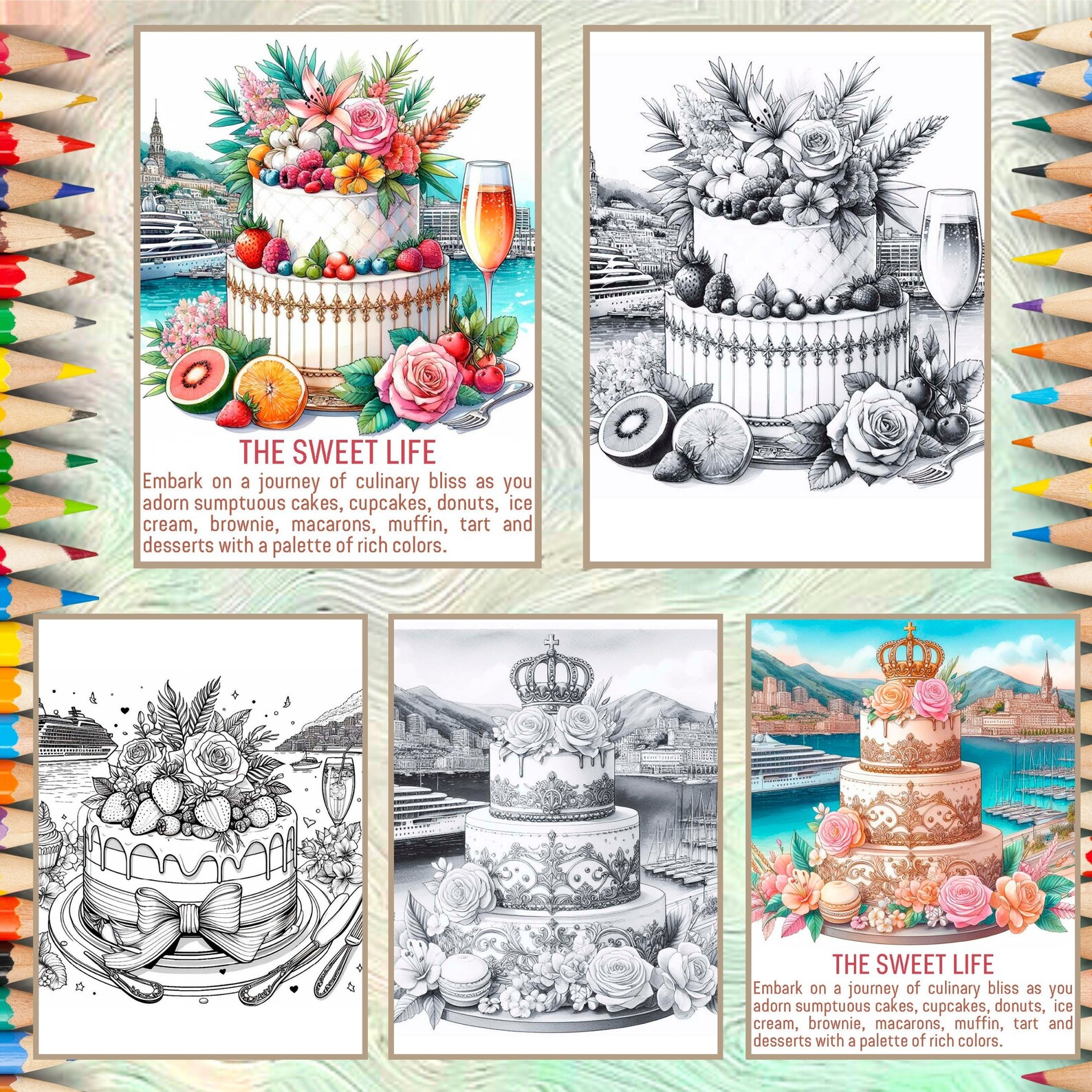 Floral Cake Coloring Book Pages “the Sweet Life“ With Cupcakes, Donut ...