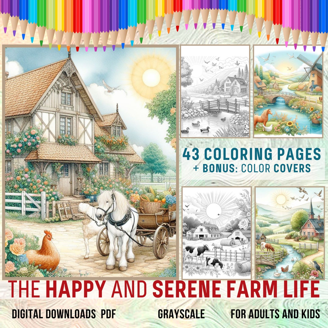 Coloring Book Pages "happy Farm" Animals, Birds, Windmill Wind Spinner ...