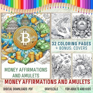 Money Affirmations and Amulets Coloring Book Pages to Bring Luck and ...