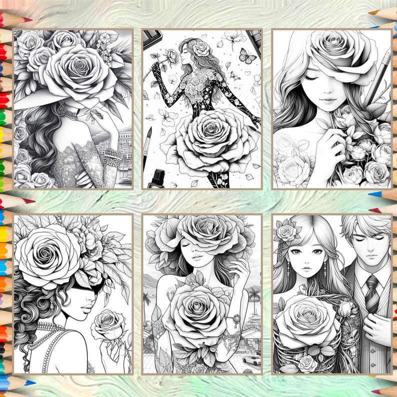 Floral Rose Coloring Book Pages, Fantasy Flowers Coloring for Adults ...
