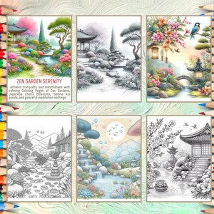 Zen Garden Grayscale Coloring Book Pages | Japanese Cherry Blossoms ...