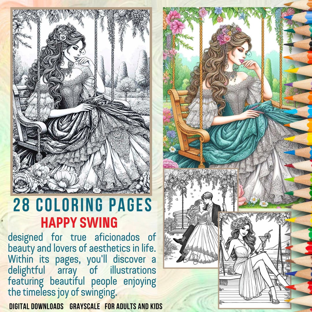 Printable Coloring Pages Happy Swing With Beautiful People | Grayscale ...