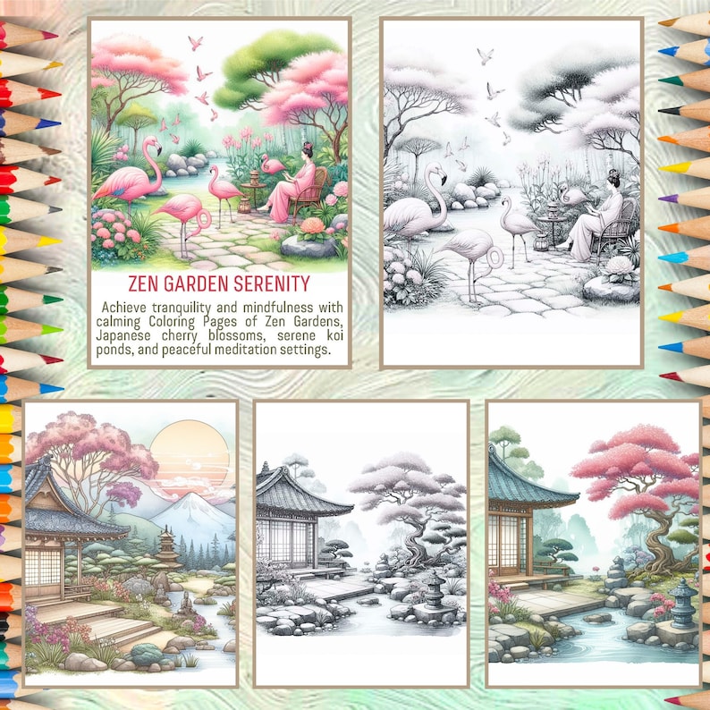 Zen Garden Grayscale Coloring Book Pages | Japanese Cherry Blossoms ...