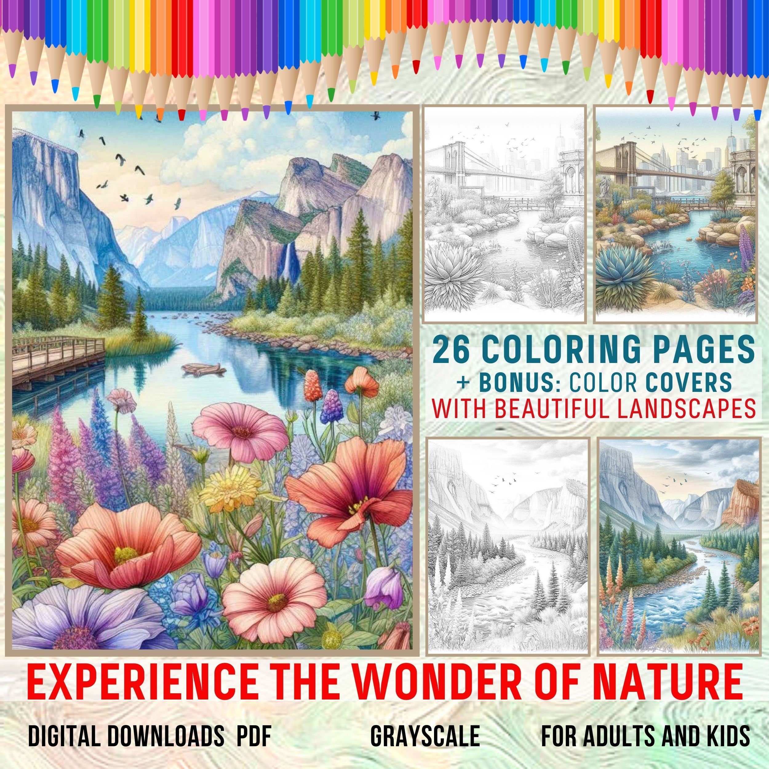 Coloring Book Pages With Beautiful Landscapes, Serene Majestic ...
