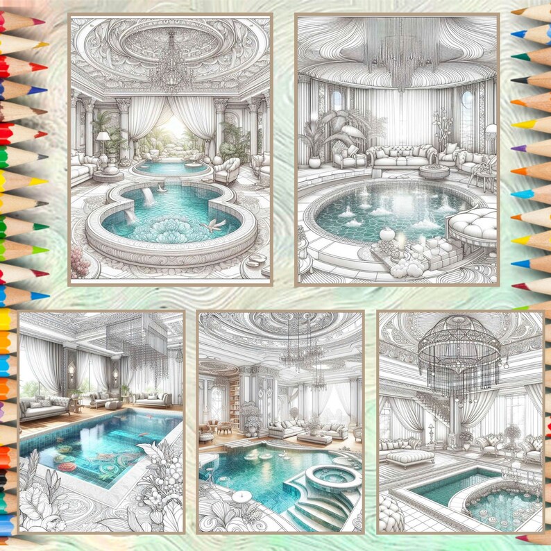 Set Dream Pool in a Luxury Interior Coloring Page Book | Grayscale ...