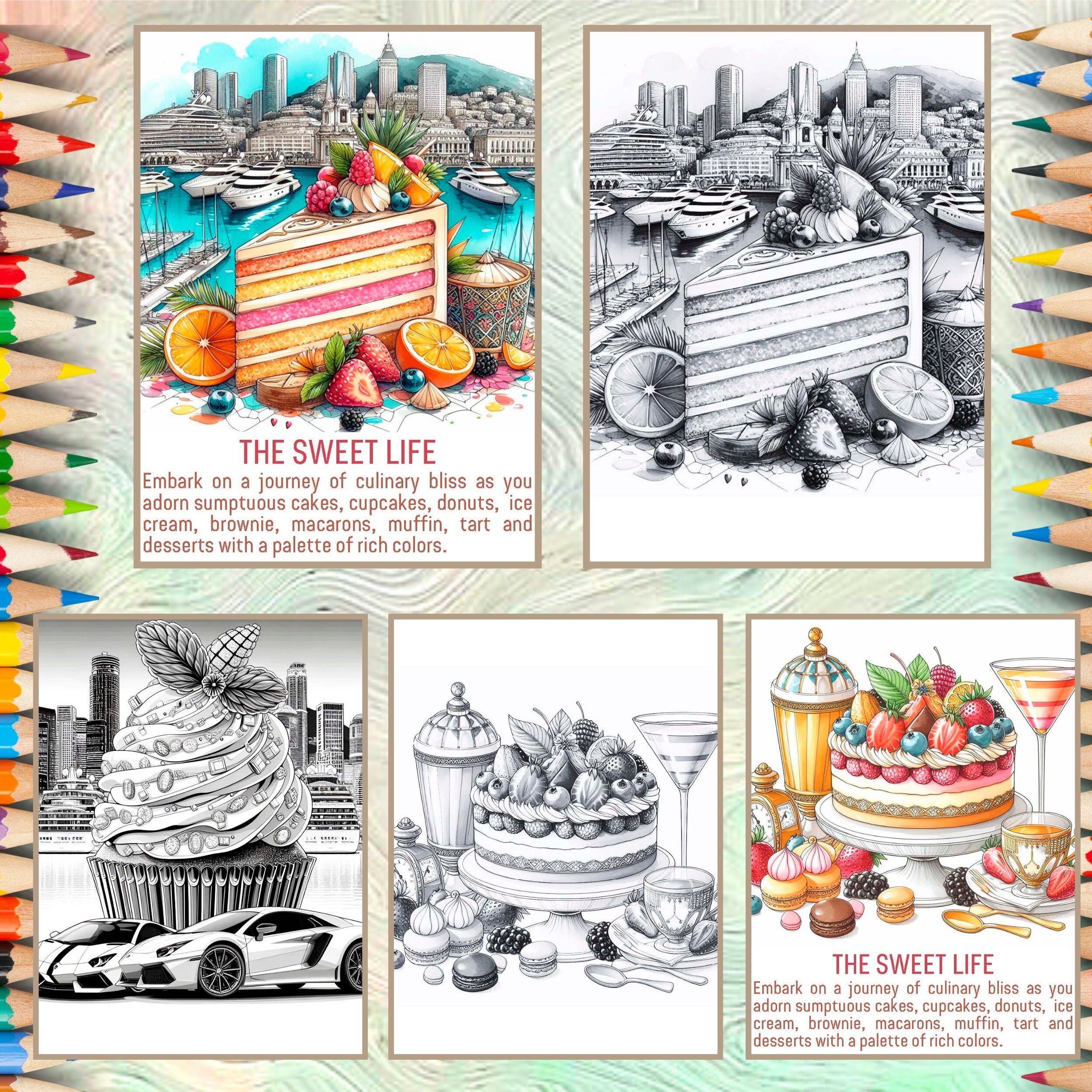 Floral Cake Coloring Book Pages “the Sweet Life“ With Cupcakes, Donut ...