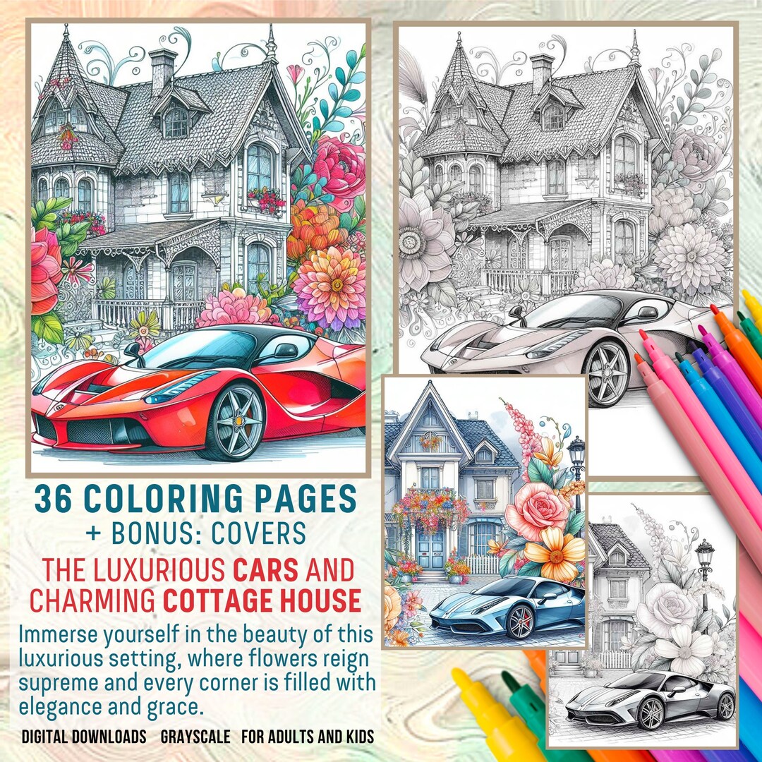 Coloring Book Pages of Beautiful Cars With Floral Cottage House in ...