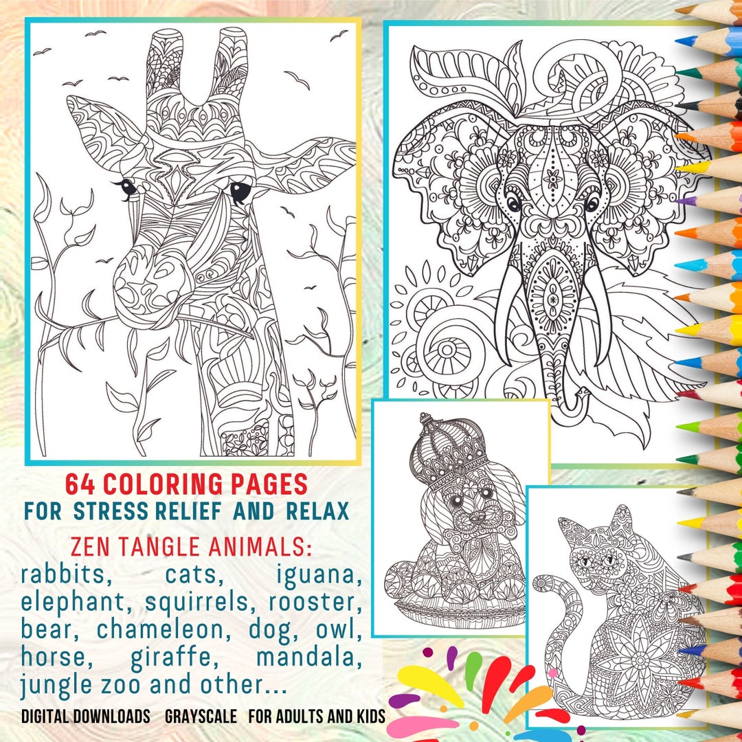 Animals Coloring Book Pages for Adults and Kids | Zen Tangle Rabbit ...