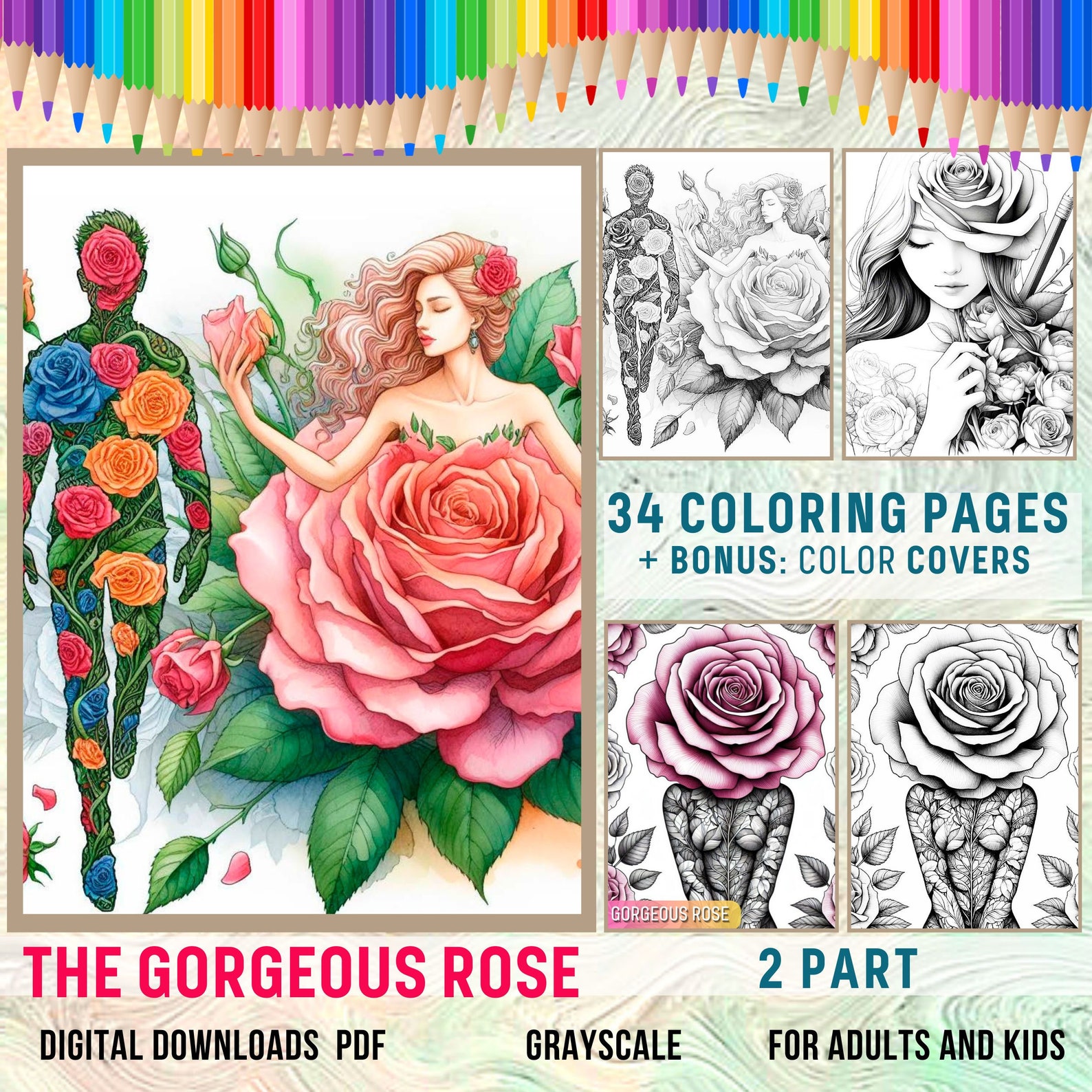 Floral Rose Coloring Book Pages, Fantasy Flowers Coloring for Adults ...