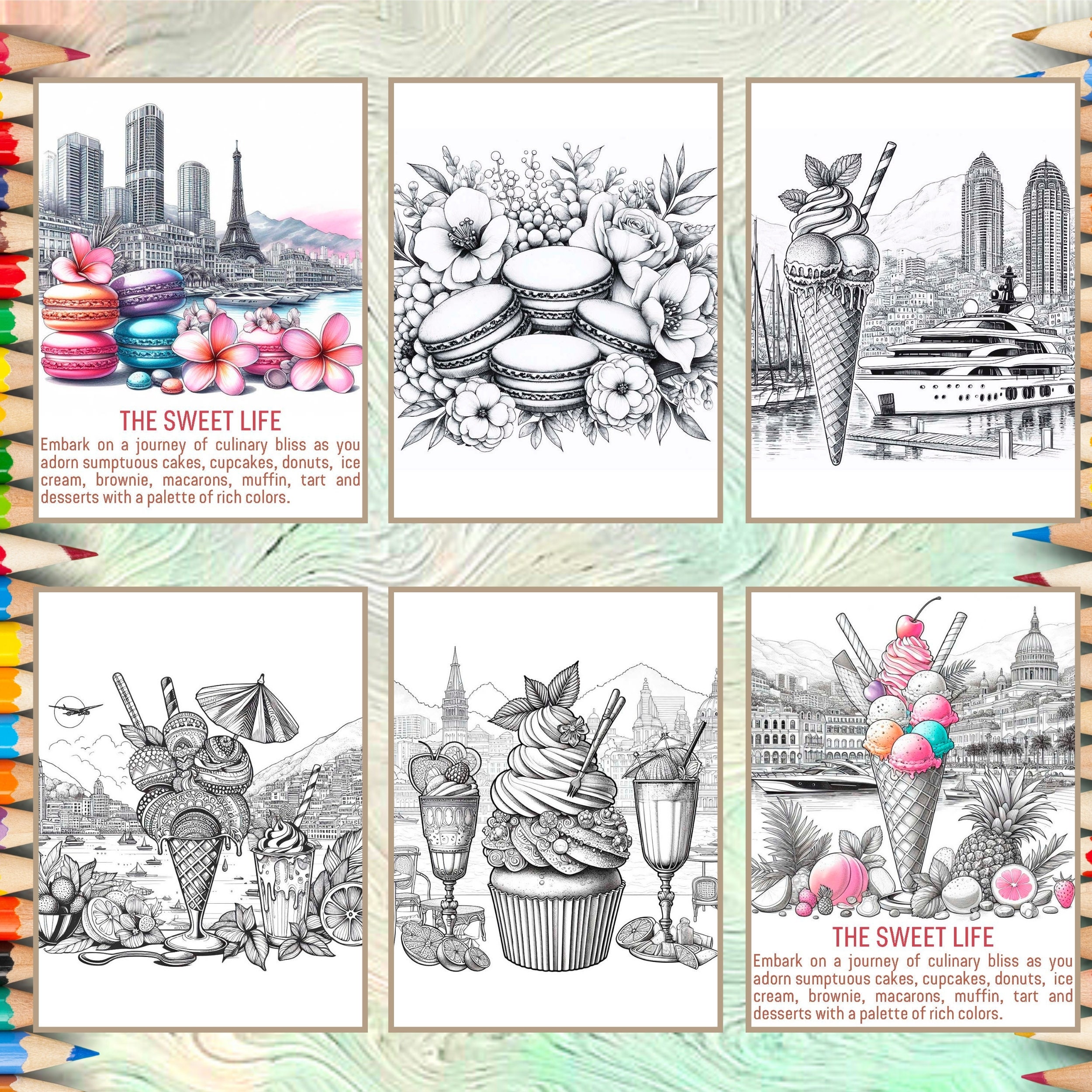 Floral Cake Coloring Book Pages “the Sweet Life“ With Cupcakes, Donut ...
