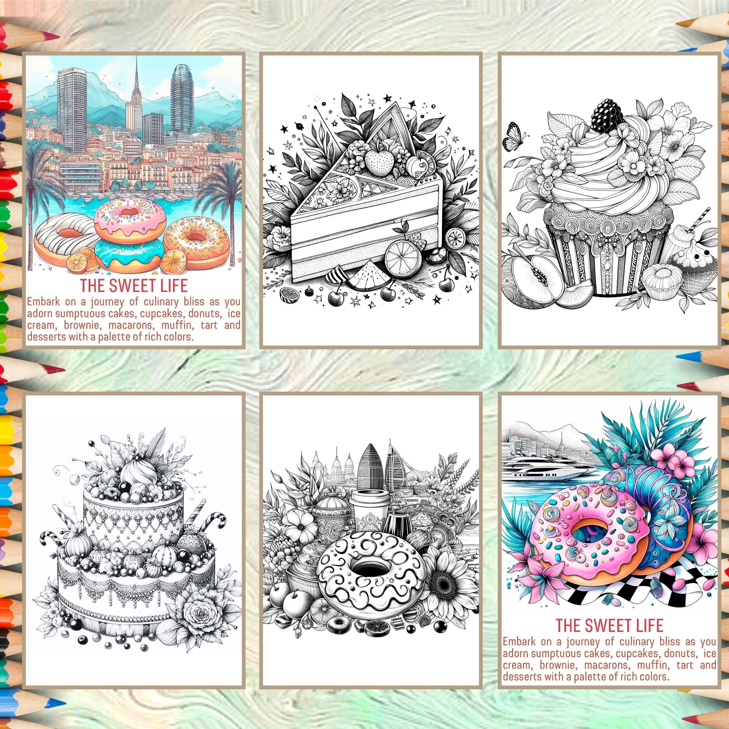 Floral Cake Coloring Book Pages “the Sweet Life“ With Cupcakes, Donut ...