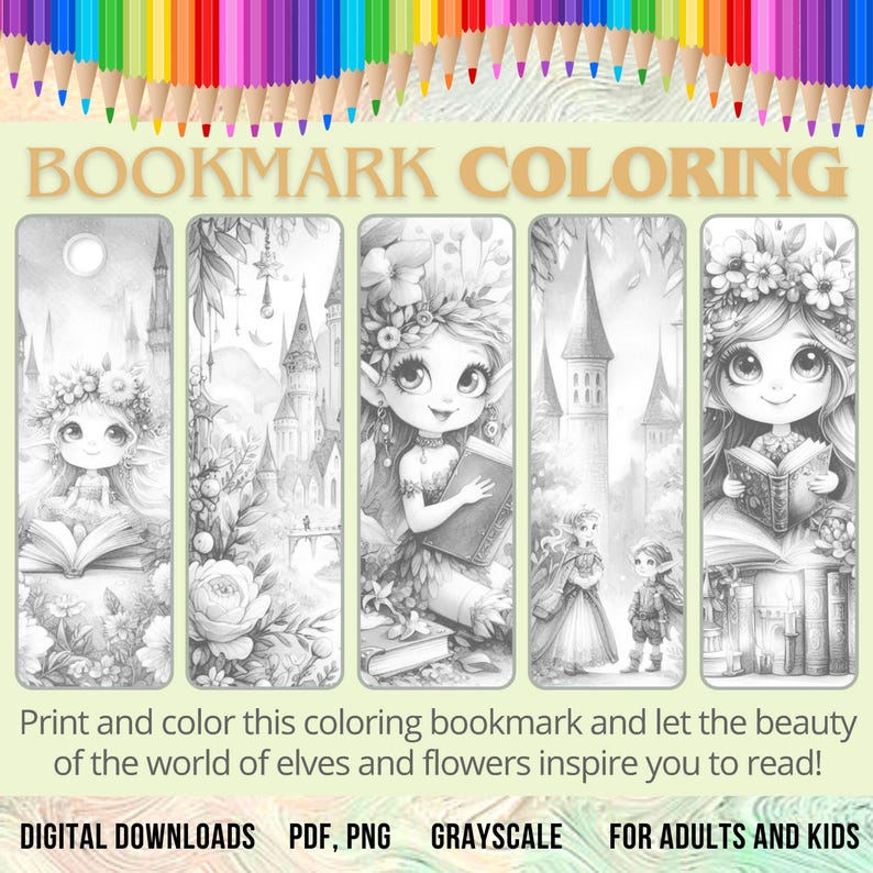 Bookmarks & Coloring Bookmark | Fairy Elves Bookmark | Fantasy Elf ...