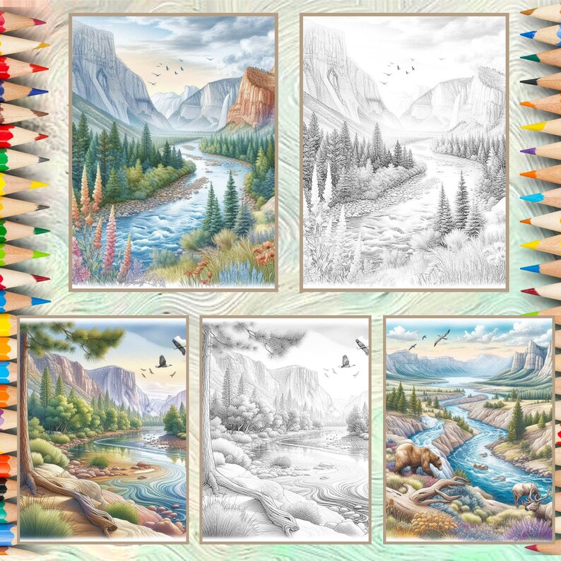 Coloring Book Pages With Beautiful Landscapes, Serene Majestic ...