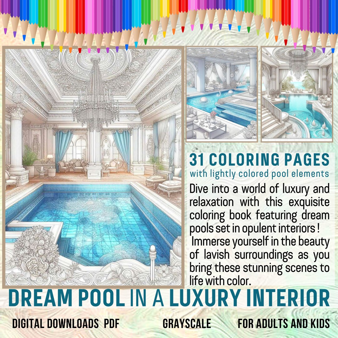 Set Dream Pool in a Luxury Interior Coloring Page Book | Grayscale ...