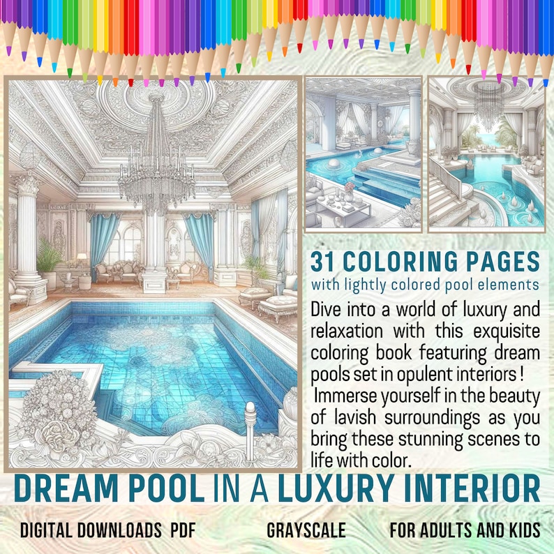 Set Dream Pool in a Luxury Interior Coloring Page Book | Grayscale ...