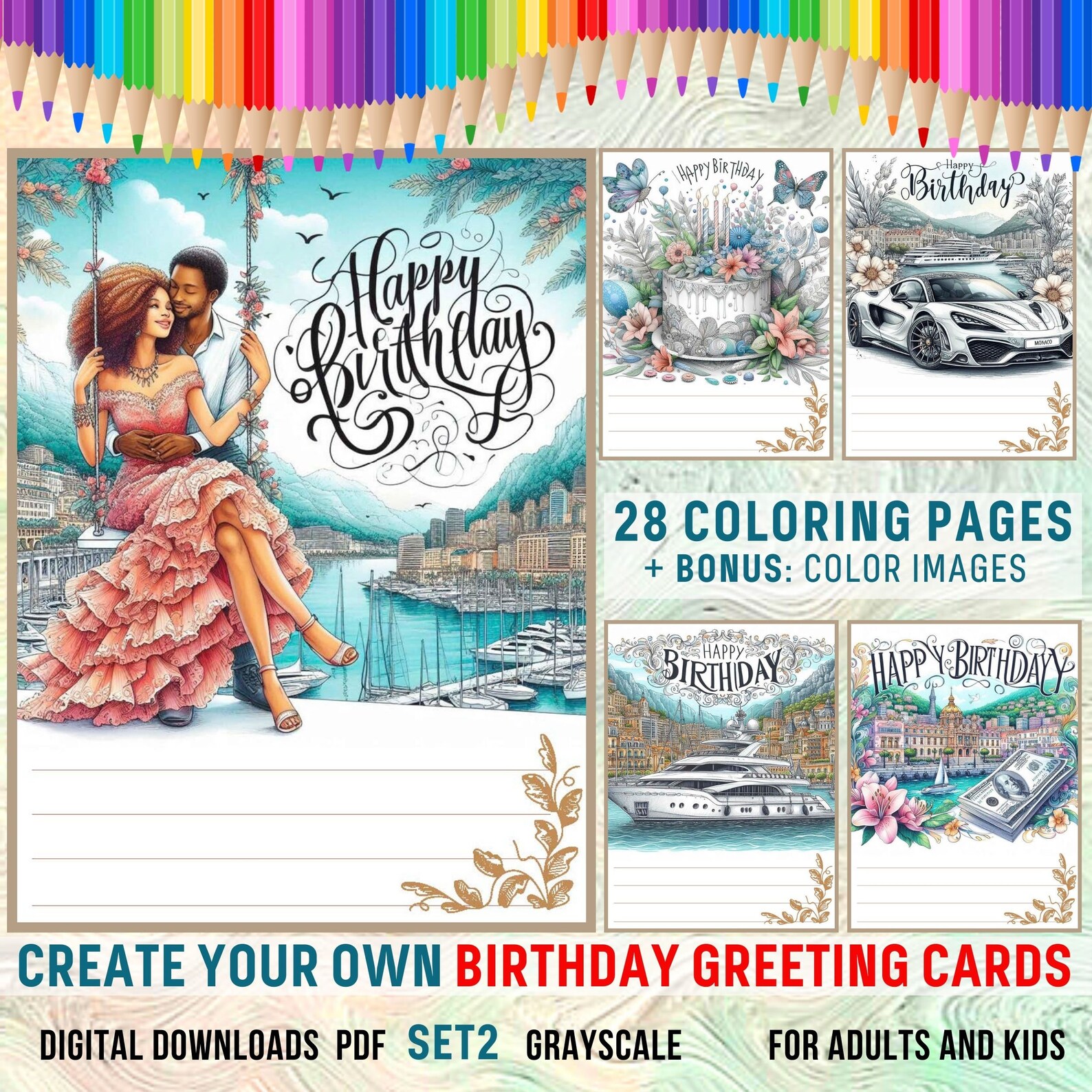 Birthday Greeting Coloring Book Pages for Designing Your Own Beautiful ...