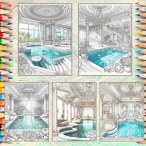Set Dream Pool in a Luxury Interior Coloring Page Book | Grayscale ...