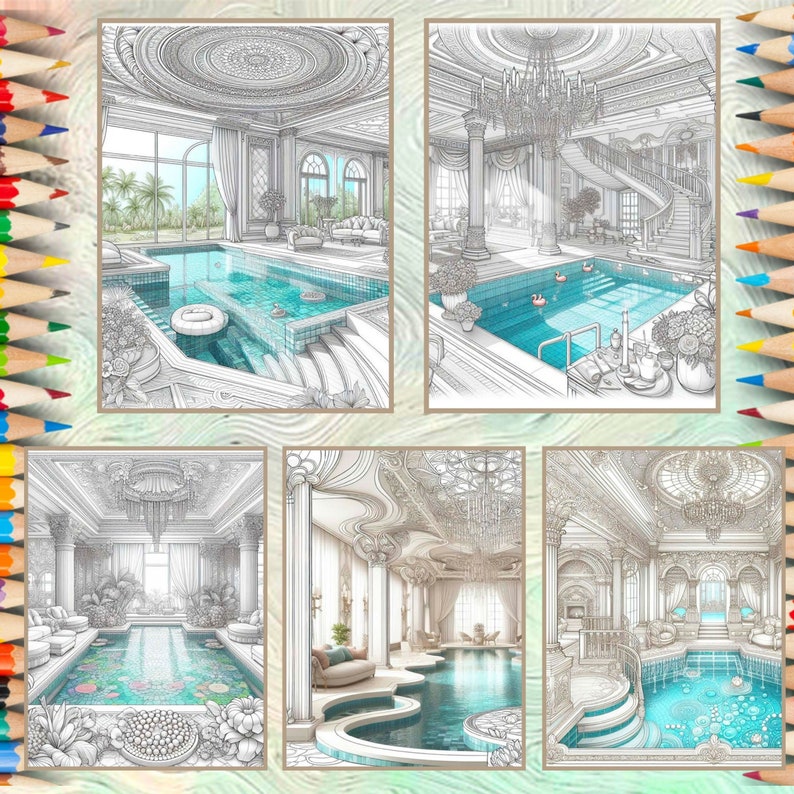 Set Dream Pool in a Luxury Interior Coloring Page Book | Grayscale ...