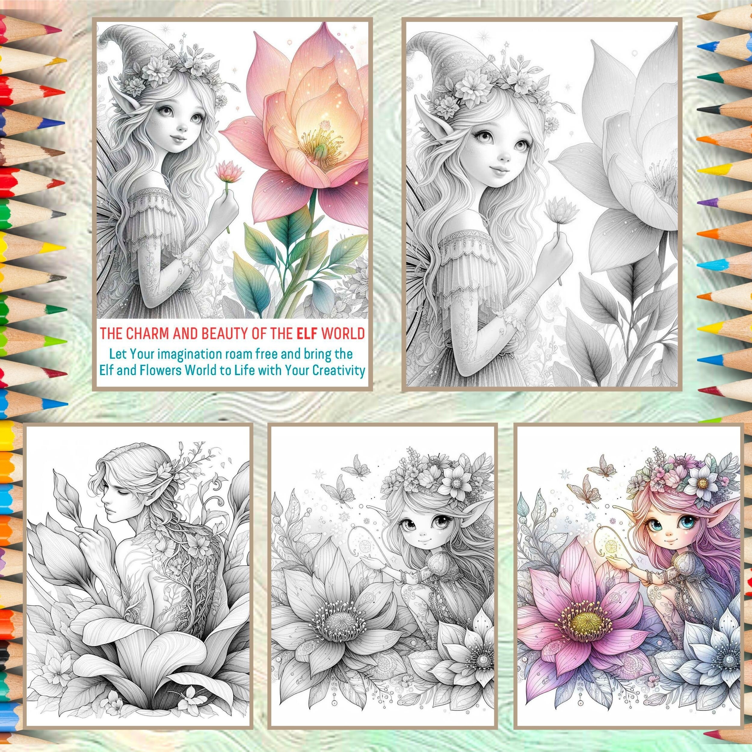 Fairy Elves Coloring Book Pages | Fantasy Elf and Flowers Coloring for ...