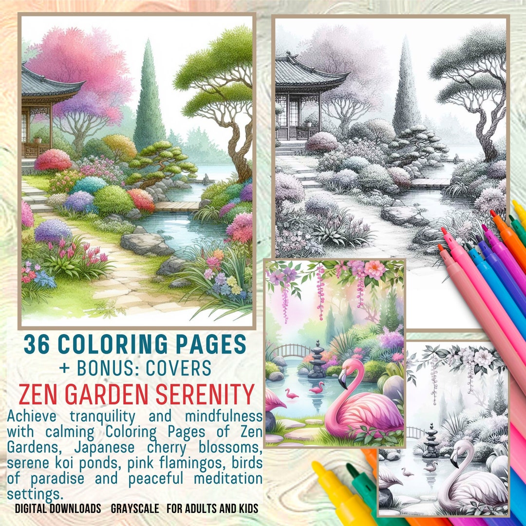 Zen Garden Grayscale Coloring Book Pages Japanese Cherry Blossoms, Koi ...