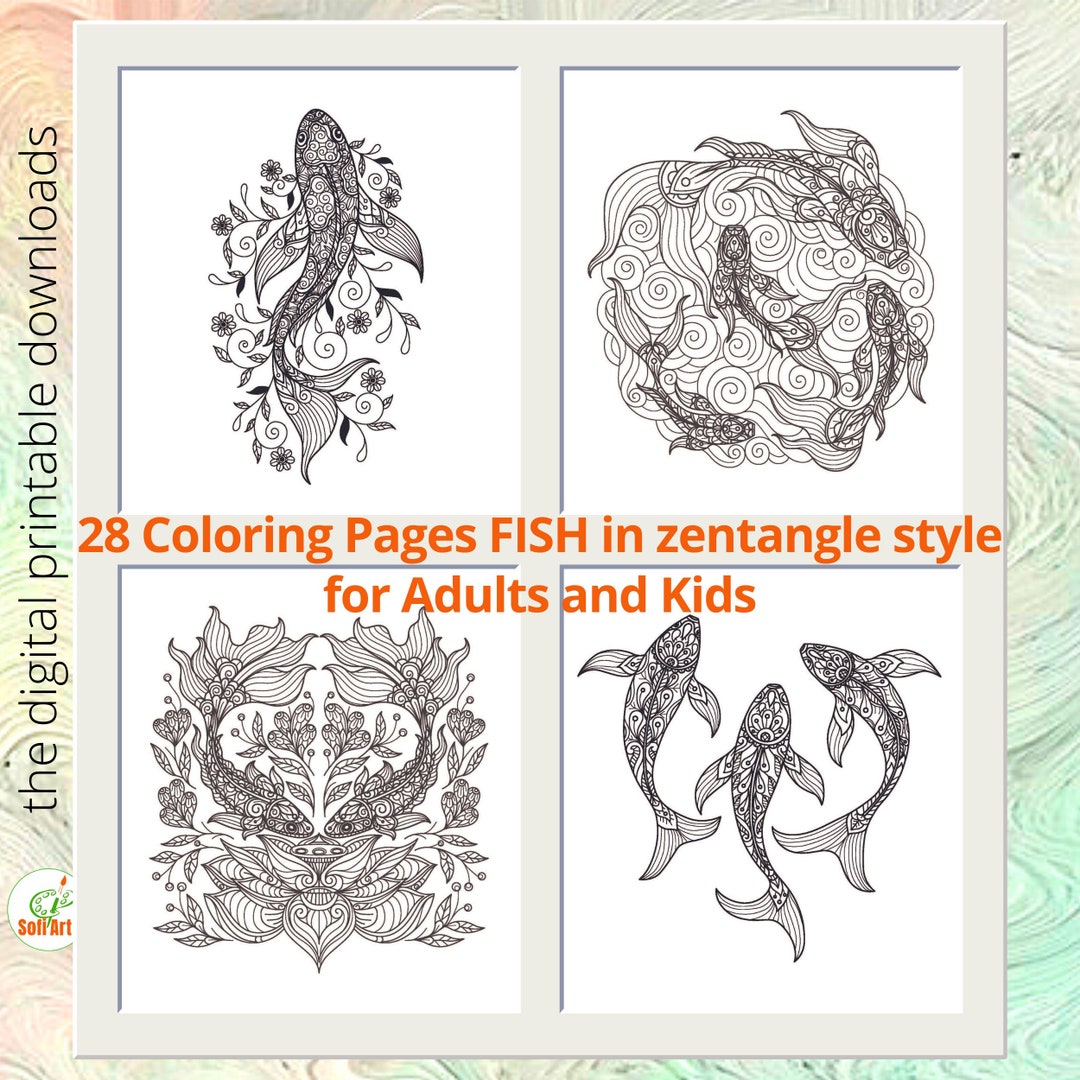 Coloring Book Pages for Adults and Kids | Zen Tangle Fish Koi Carp | 28 ...