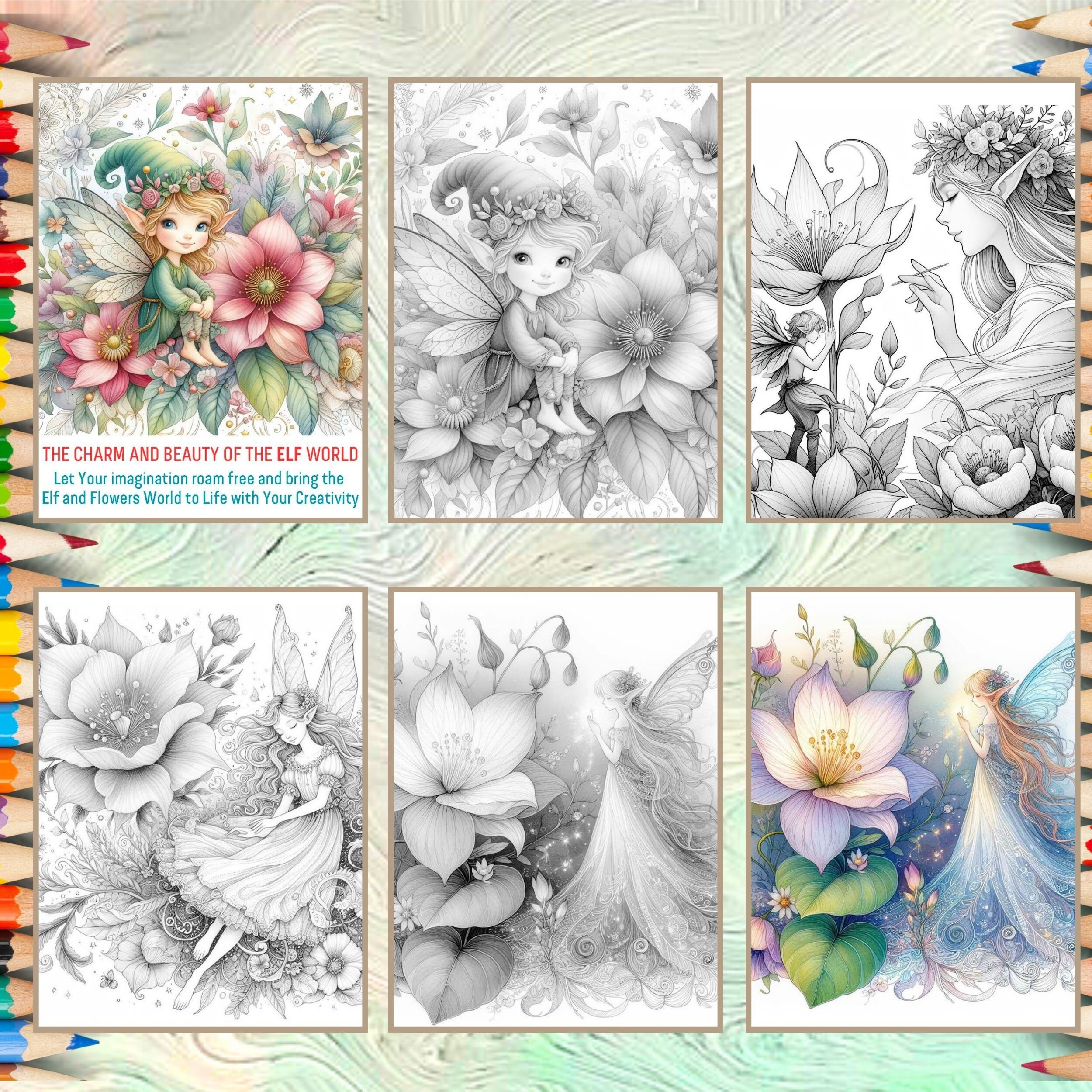 Fairy Elves Coloring Book Pages | Fantasy Elf and Flowers Coloring for ...