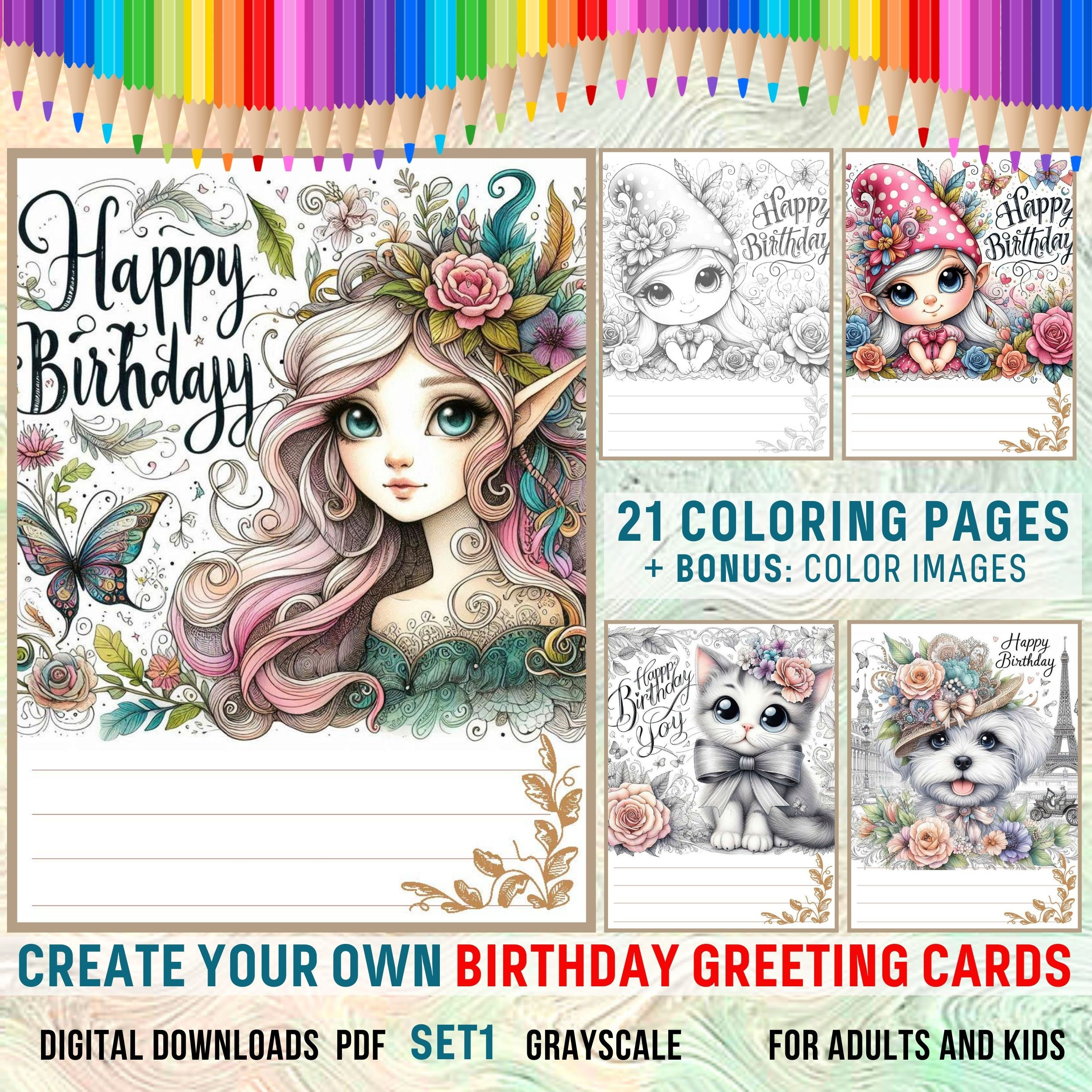 Birthday Greeting Card Coloring Book Pages | Create Your Own Beautiful ...
