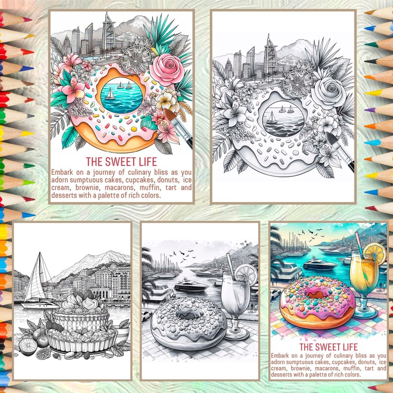 Floral Cake Coloring Book Pages “the Sweet Life“ With Cupcakes, Donut ...